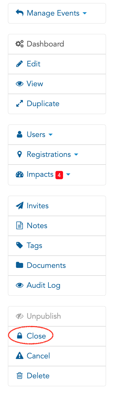 Cancel, Close, Unpublish or Delete an Event – GivePulse